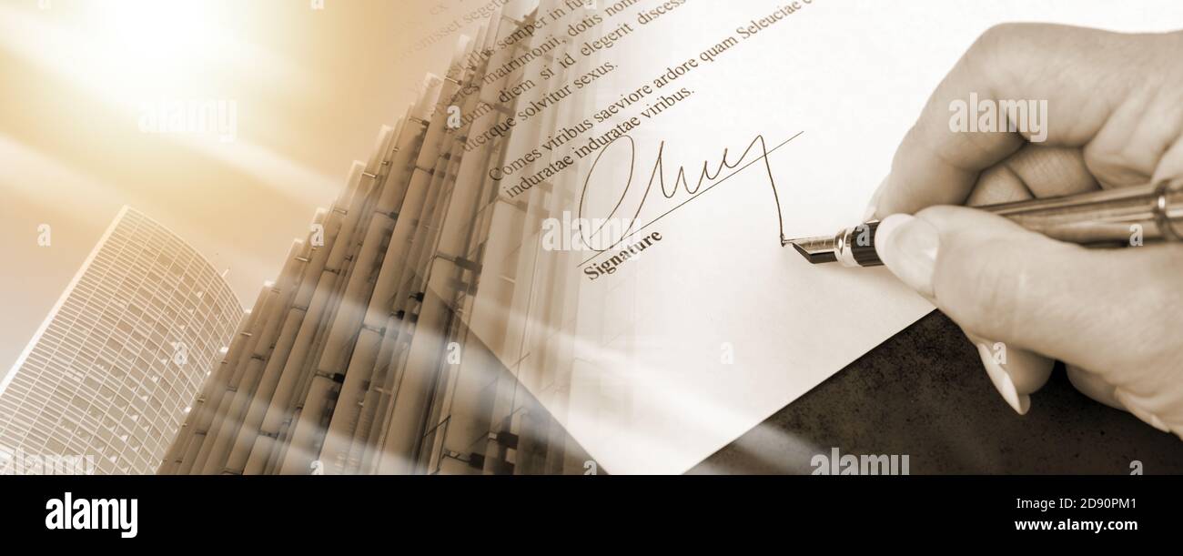 Woman hand signing a contract; multiple exposure Stock Photo - Alamy