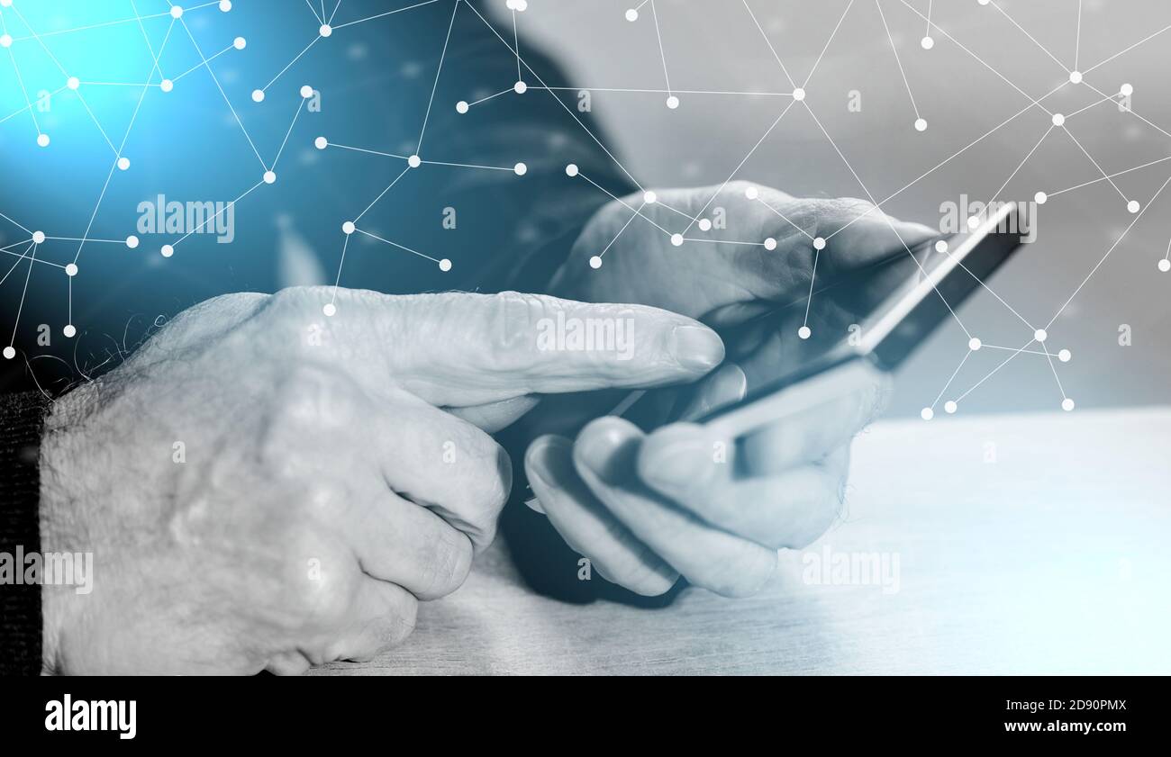 Male hands using his mobile phone; light effect Stock Photo - Alamy