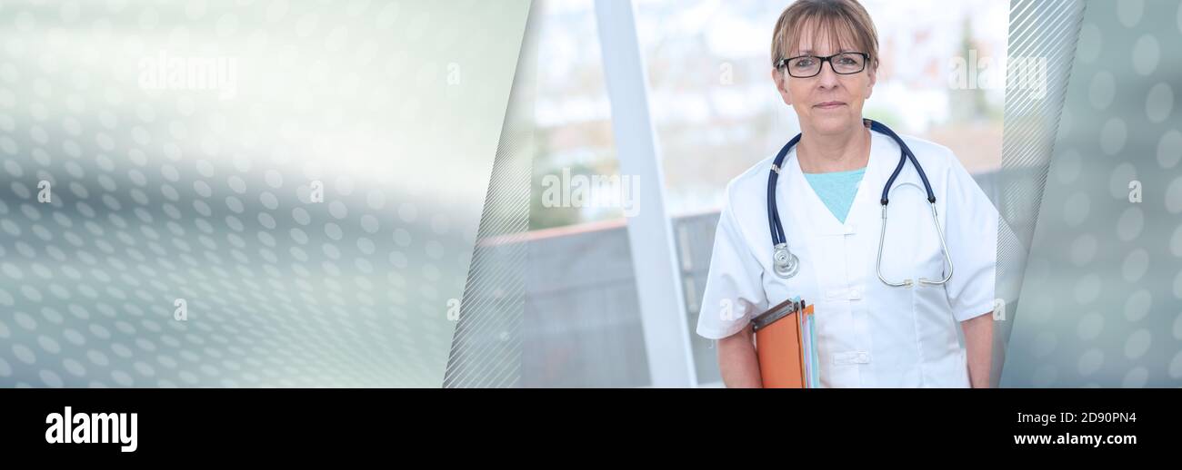 Portrait of female doctor standing and holding a folder; panoramic ...