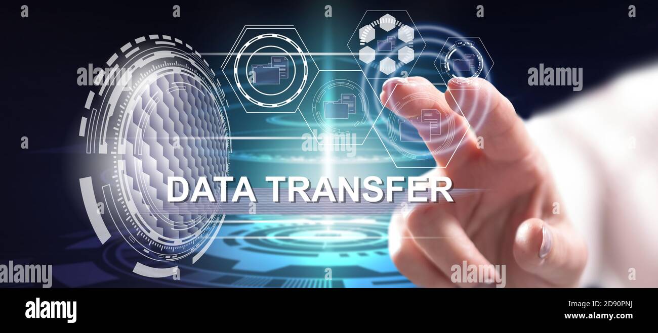 Woman touching a data transfer concept on a touch screen with her ...