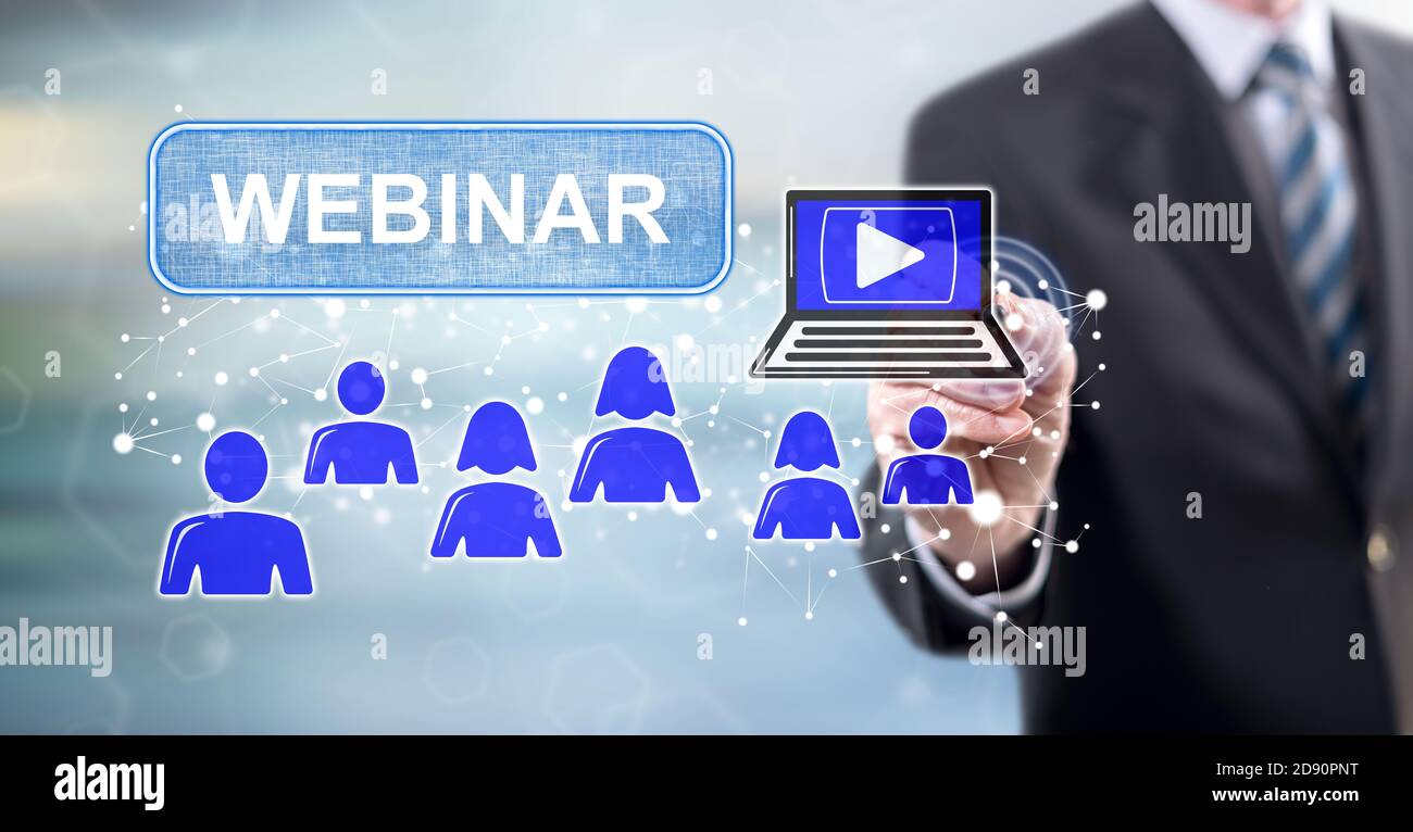 Man touching a webinar concept on a touch screen with a stylus pen ...