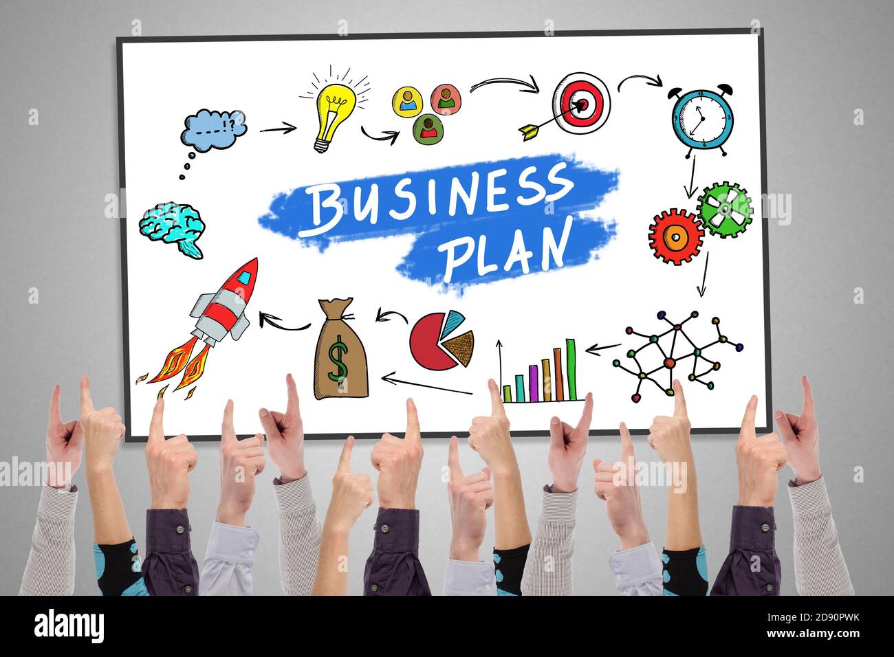 Business plan concept on a whiteboard pointed by several fingers Stock ...