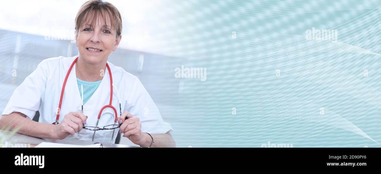 Portrait of female doctor sitting in medical office; panoramic banner ...