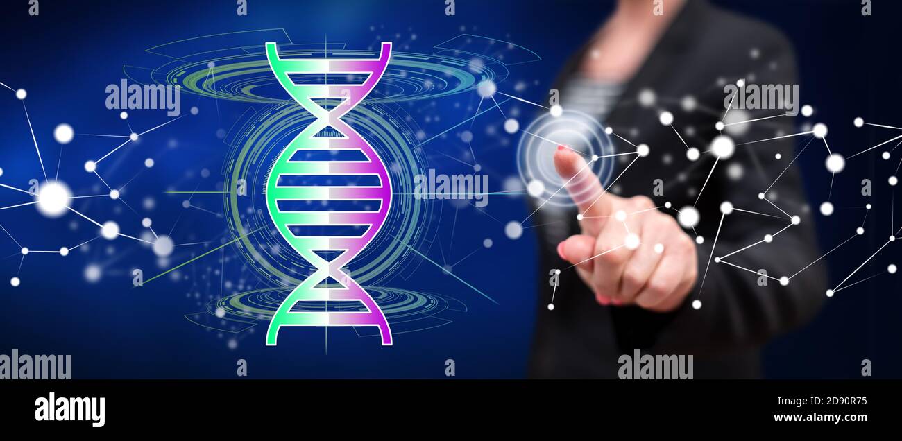 Woman touching a transhumanism concept on a touch screen with her ...