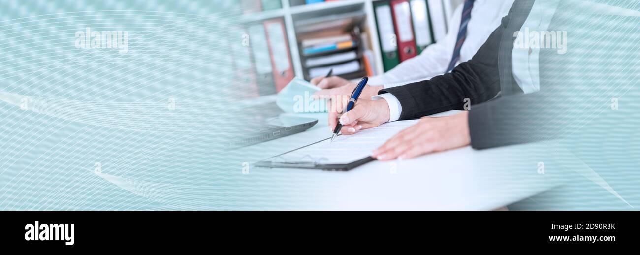 Businesspeople taking notes during training; panoramic banner Stock ...
