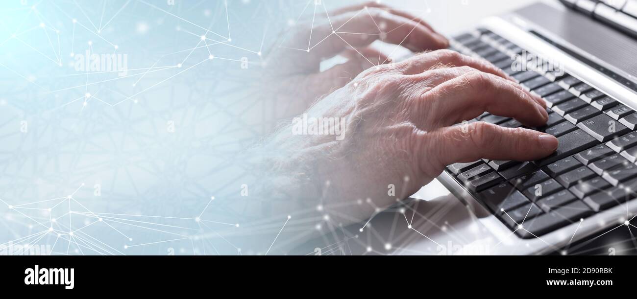 Male hands typing on a laptop keyboard; panoramic banner Stock Photo ...