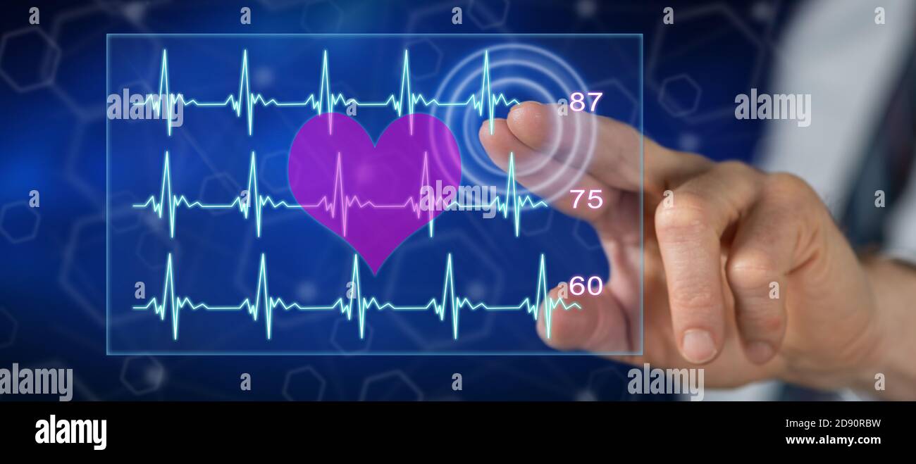 Man touching a heart beats graph concept on a touch screen with his ...