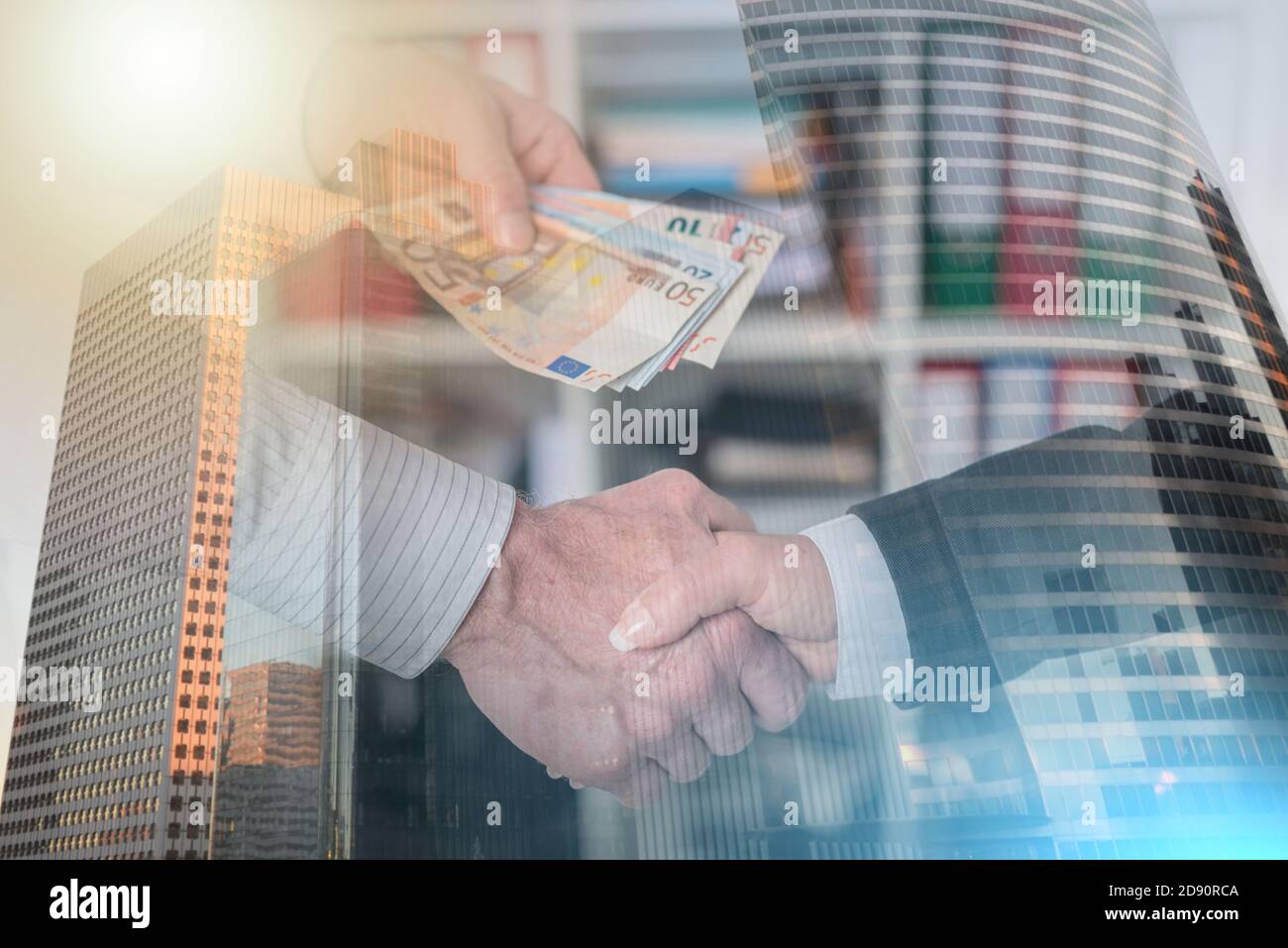 Hand shake deal with cash exchange; multiple exposure Stock Photo - Alamy