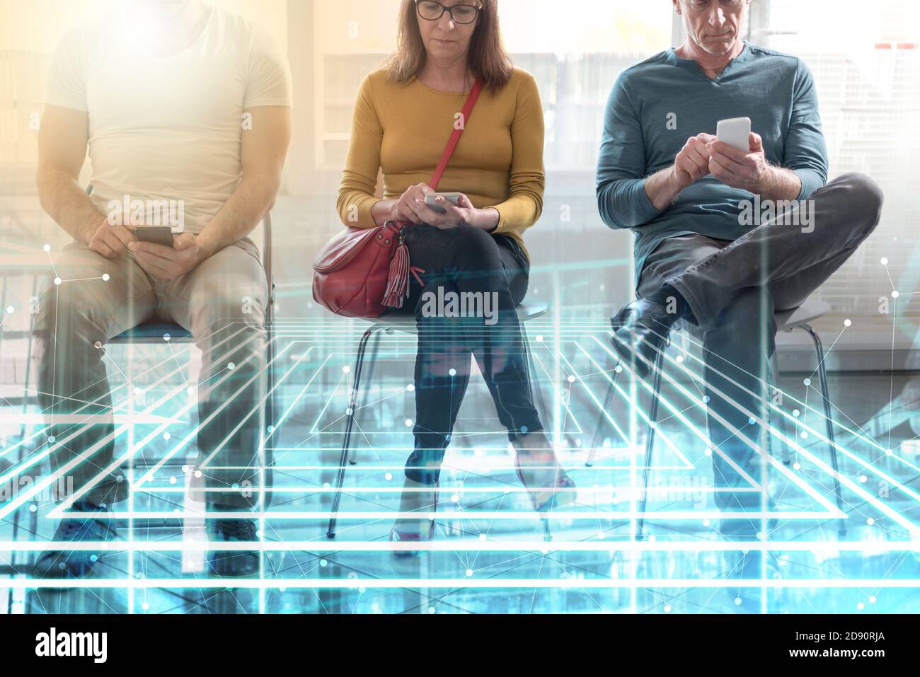 Group of people waiting for job interview and using mobile phone ...