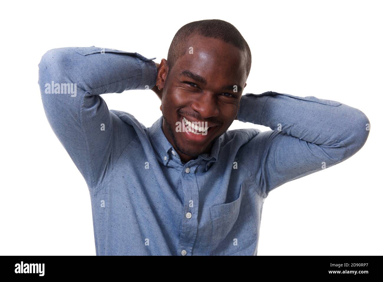 Close up portrait of happy african american man laughing with hands ...