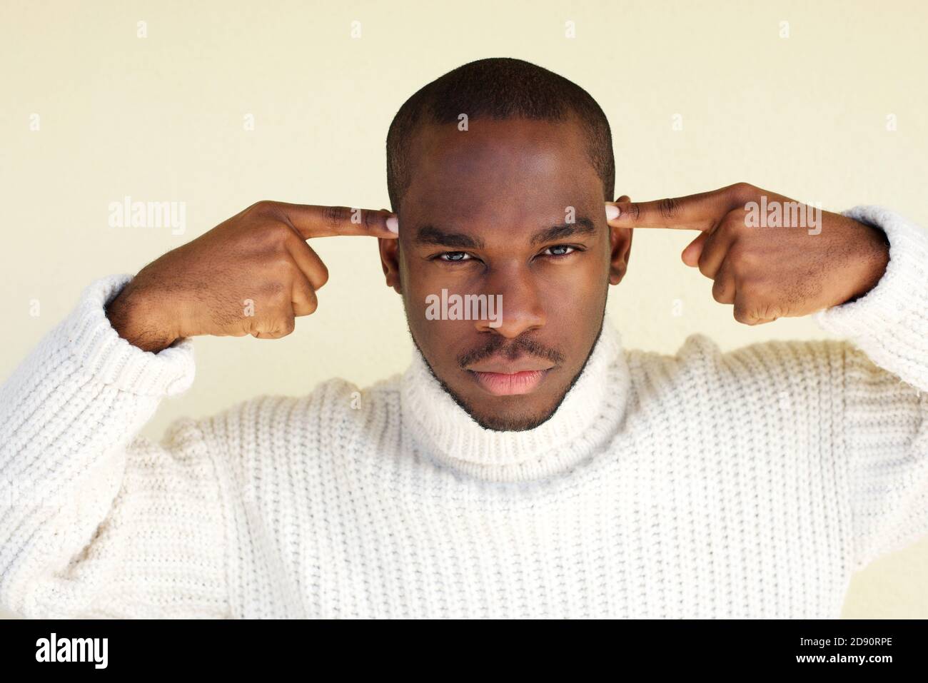 Close up portrait of handsome african american man with fingers ...