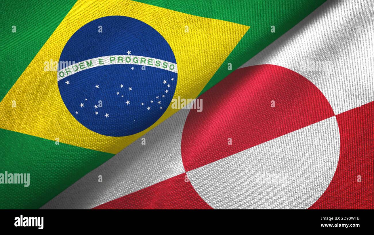 Brazil and Greenland two flags textile cloth, fabric texture Stock ...