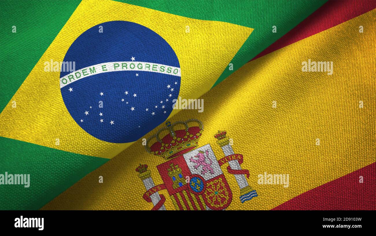 Spain and Brazil two flags textile cloth fabric texture Stock Photo - Alamy