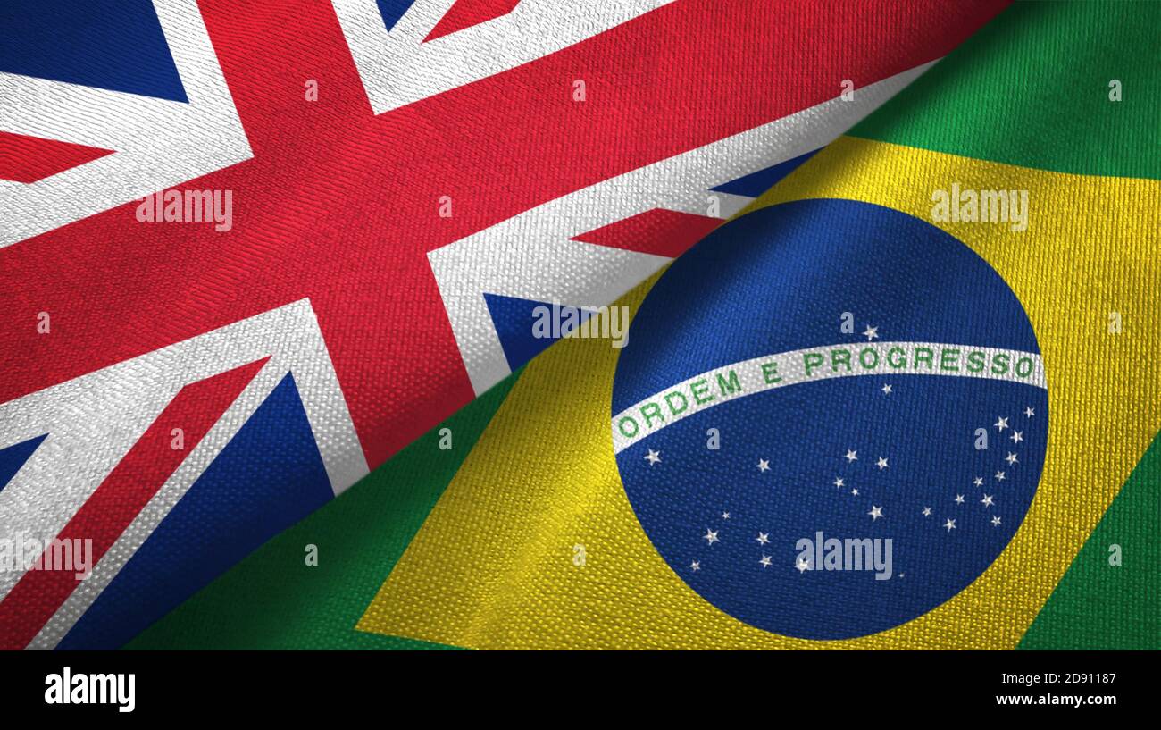 United Kingdom and Brazil two flags textile cloth, fabric texture Stock ...