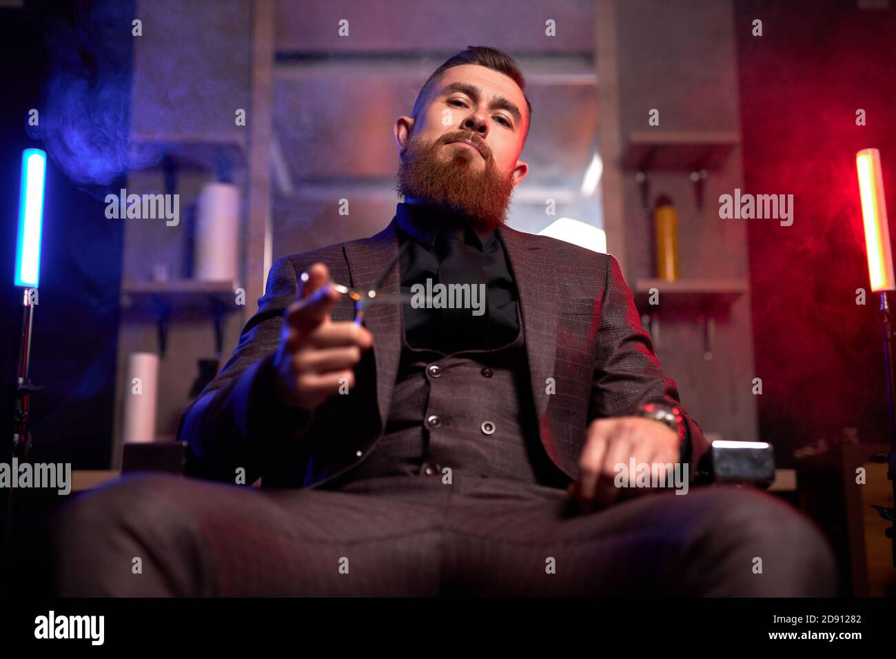 bearded macho man, barber male indoors, confident caucasian barber ...