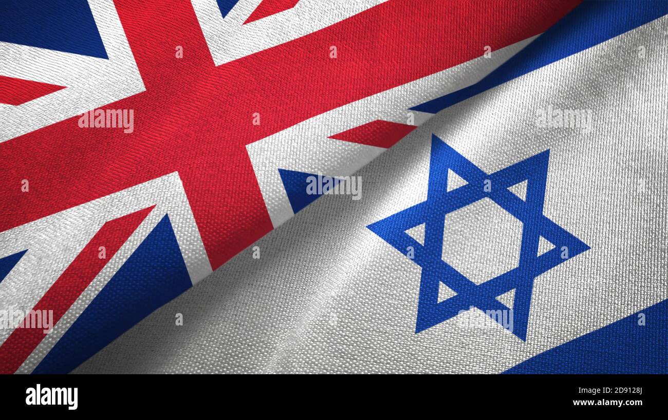 United Kingdom and Israel two flags textile cloth, fabric texture Stock ...