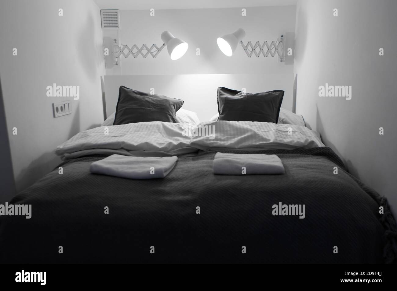 Double bed in the mini-room for sleeping Stock Photo - Alamy