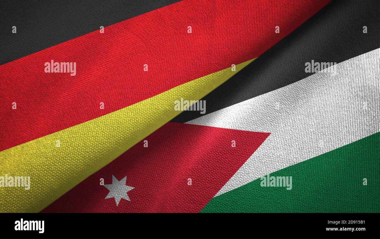 Germany and Jordan two flags textile cloth, fabric texture Stock Photo ...