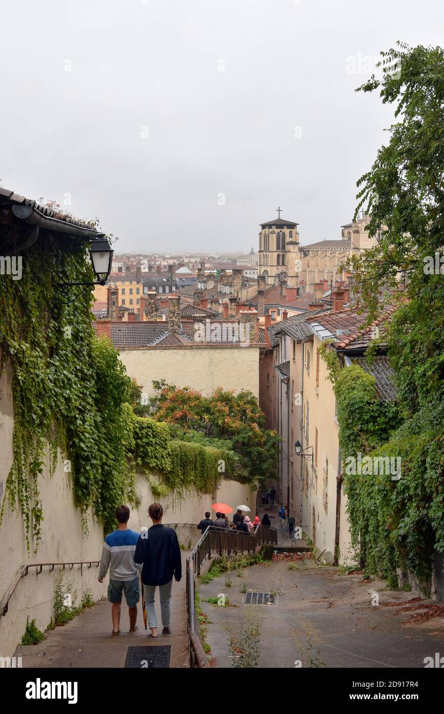 Stairs up the hill of Vieux Lyon to the Basilica Notre Dame de ...