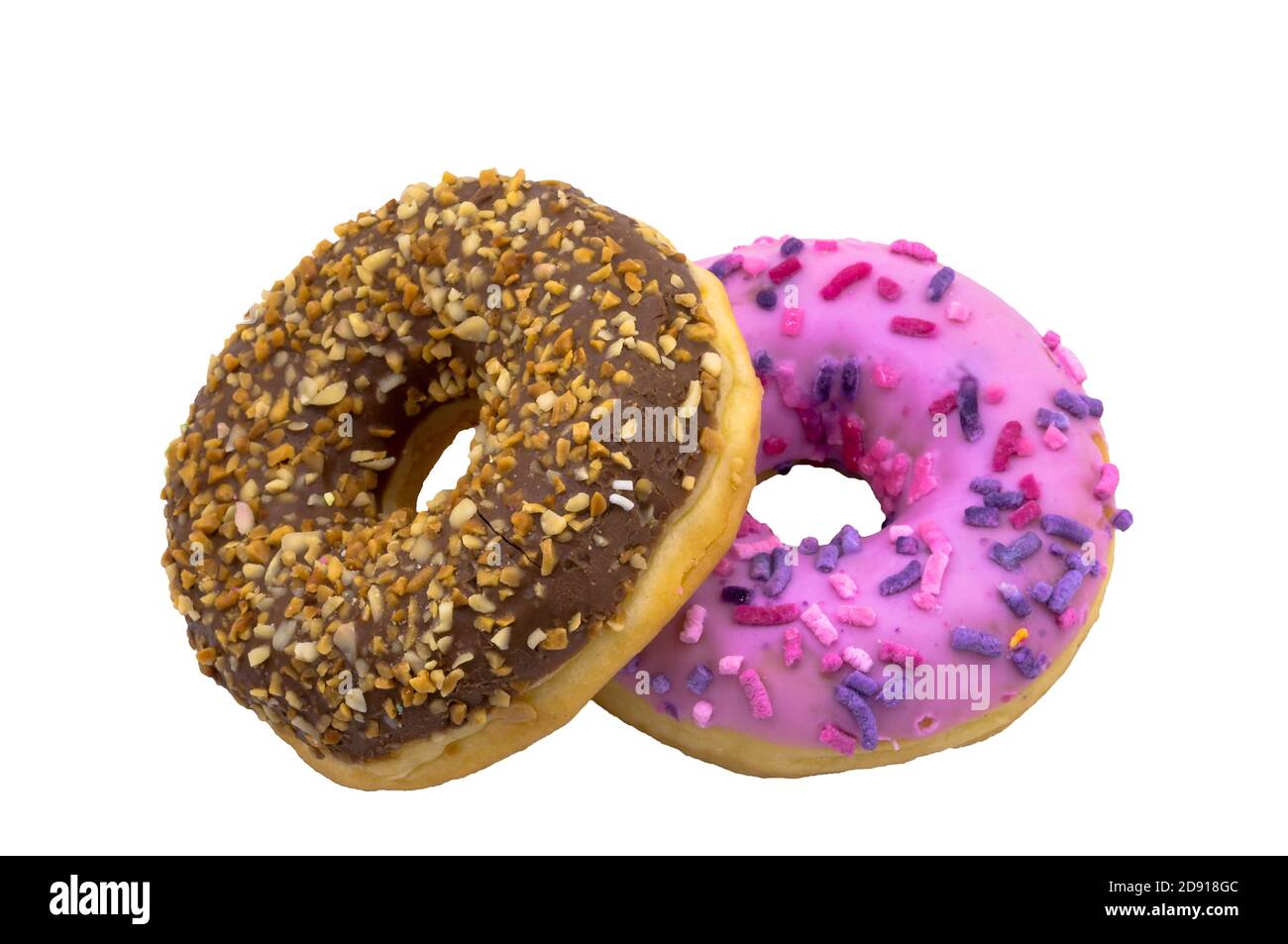 chocolate and berry doughnut, walnut donut on a white background, pink ...