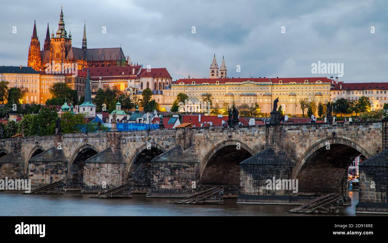 Prague Castle and Charles Bridge at blue hour Stock Photo - Alamy