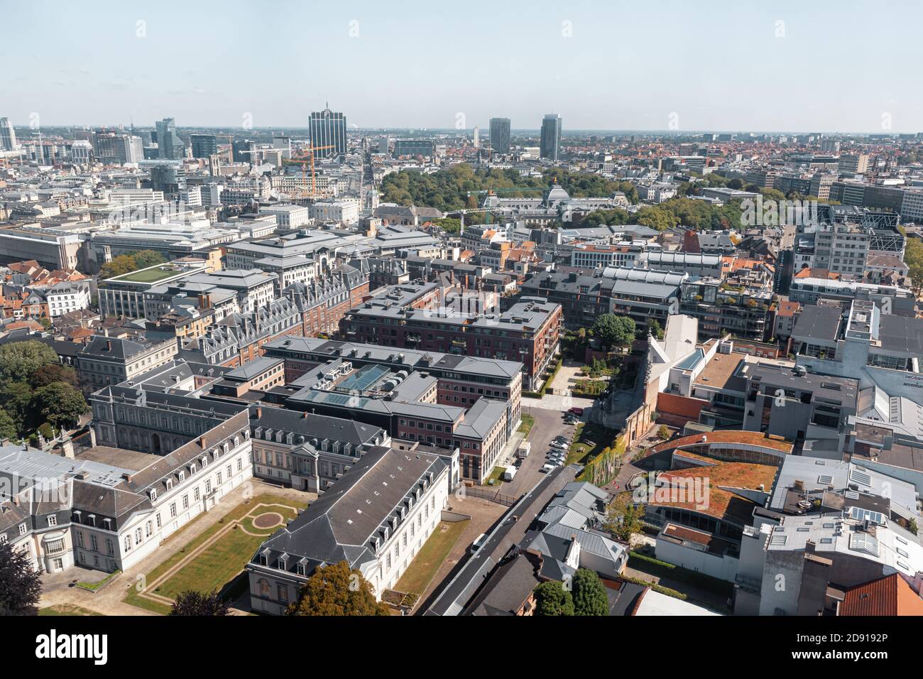BRUSSELS, BELGIUM - May 14, 2019: Roofs and streets of Brussels. Aerial ...