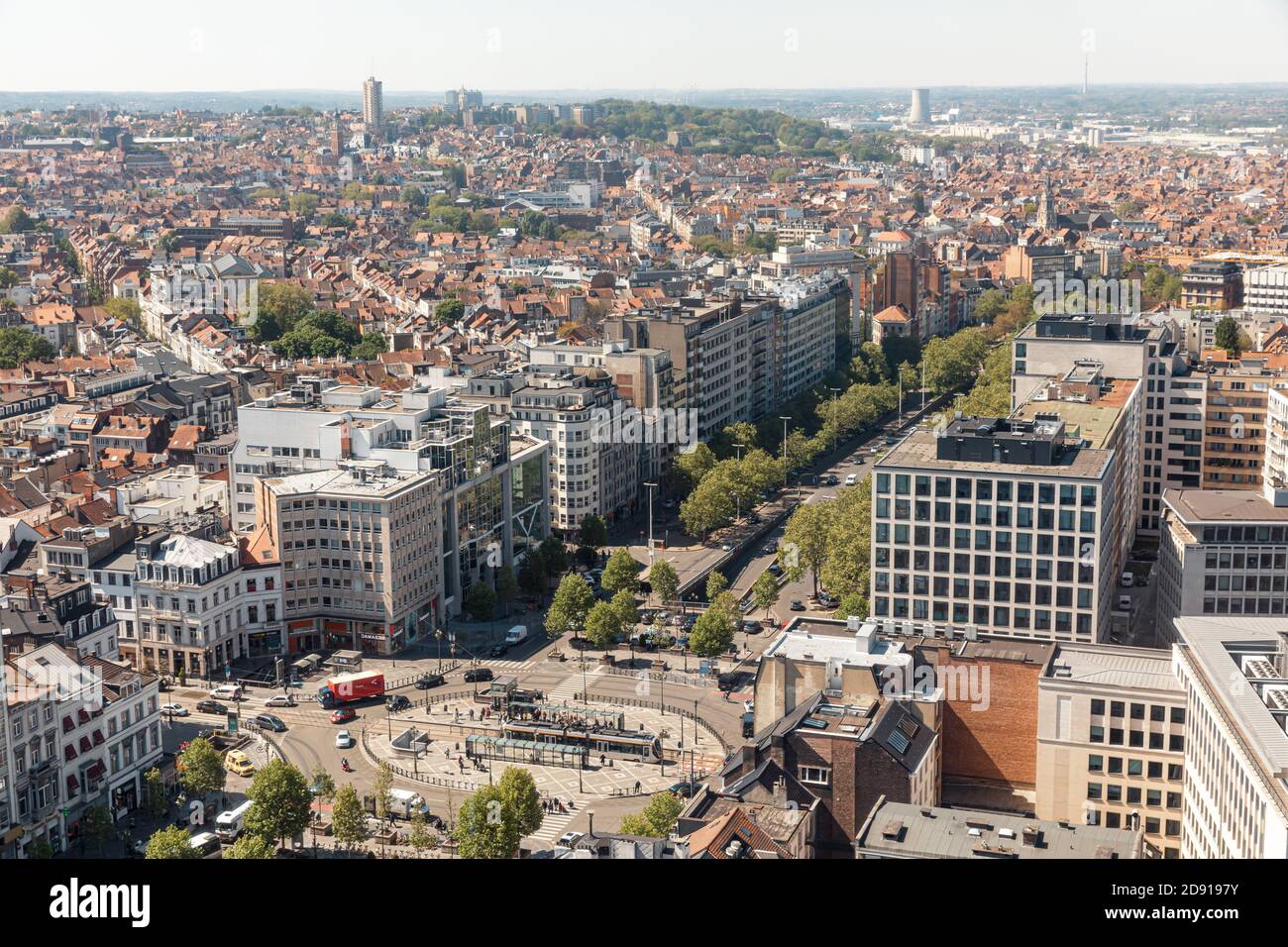 BRUSSELS, BELGIUM - May 14, 2019: Roofs and streets of Brussels. Aerial ...