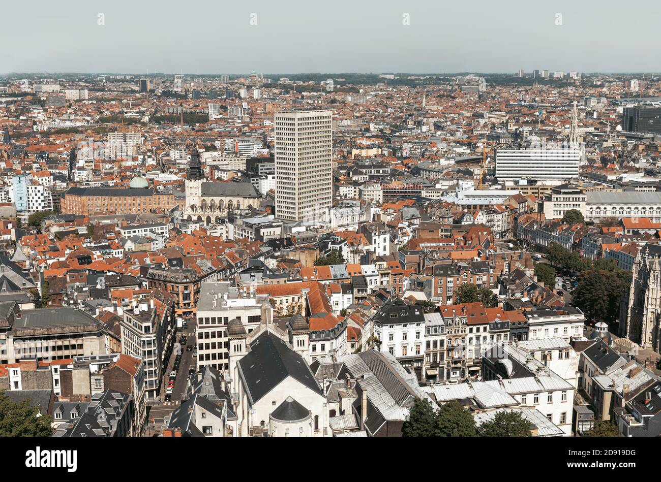 BRUSSELS, BELGIUM - May 14, 2019: Roofs and streets of Brussels. Aerial ...
