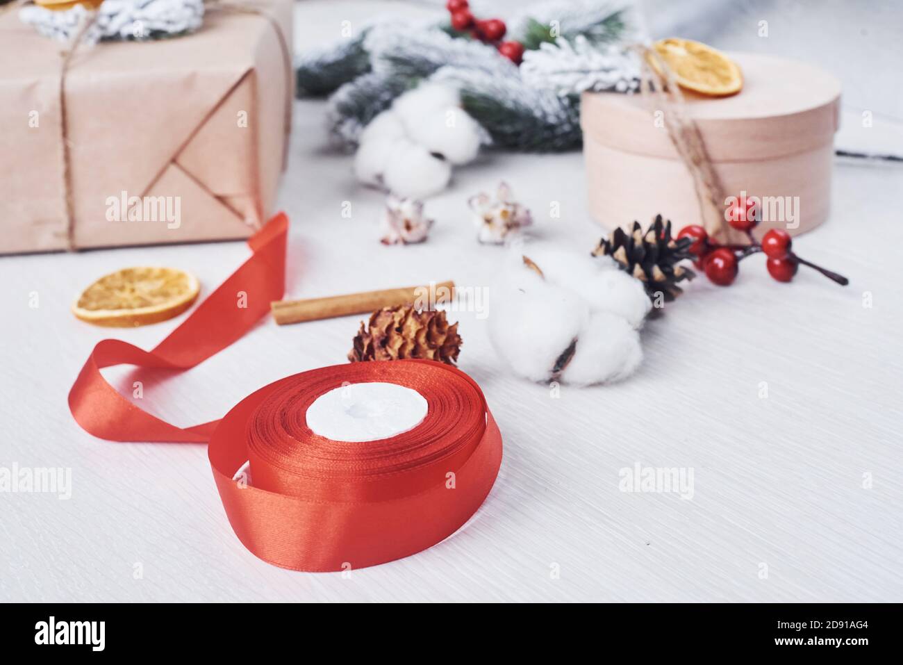 Beautiful gift boxes. Top view of christmas festive frame with new year ...