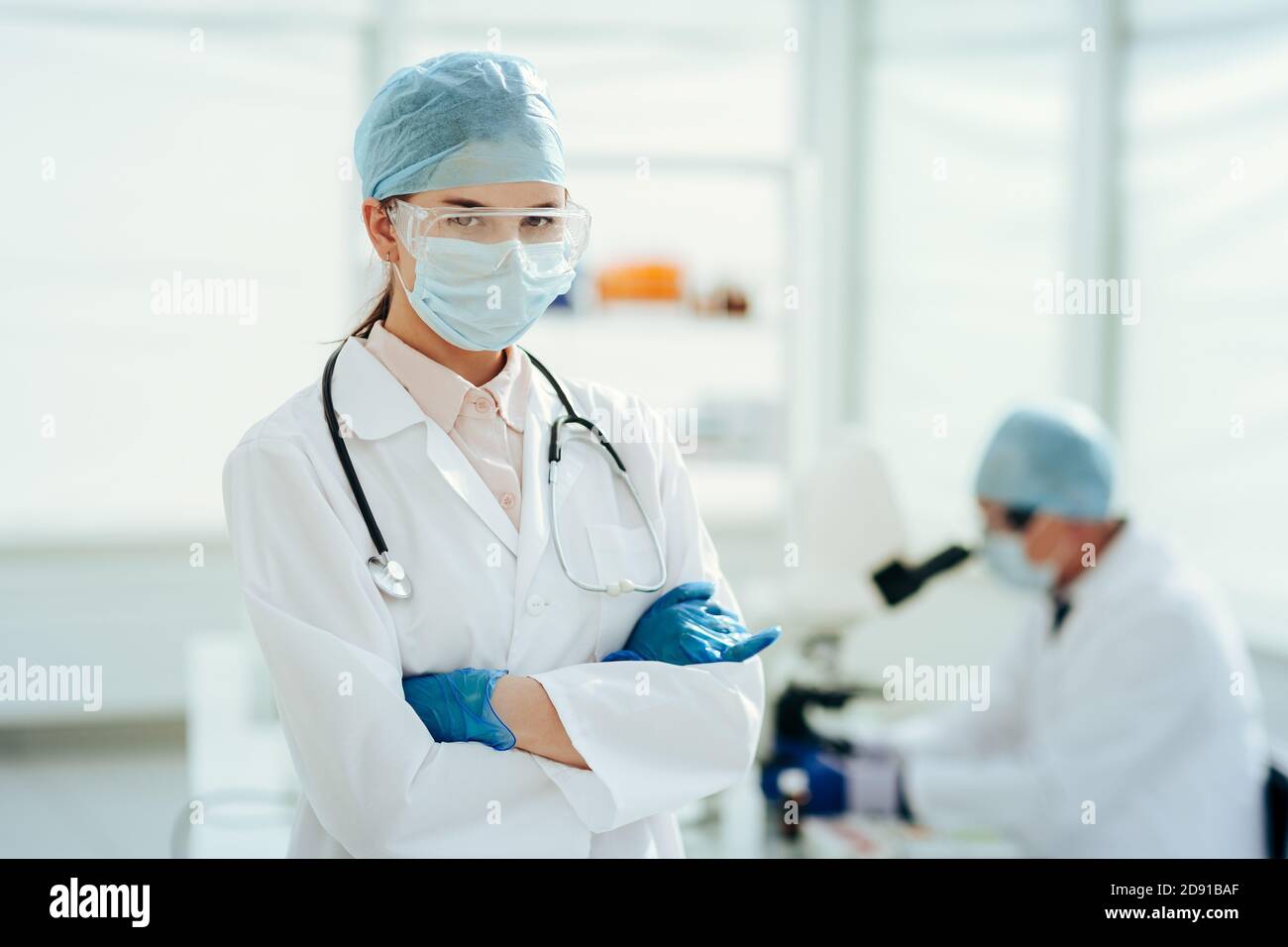 close up. doctor with a stethoscope standing in the laboratory Stock ...