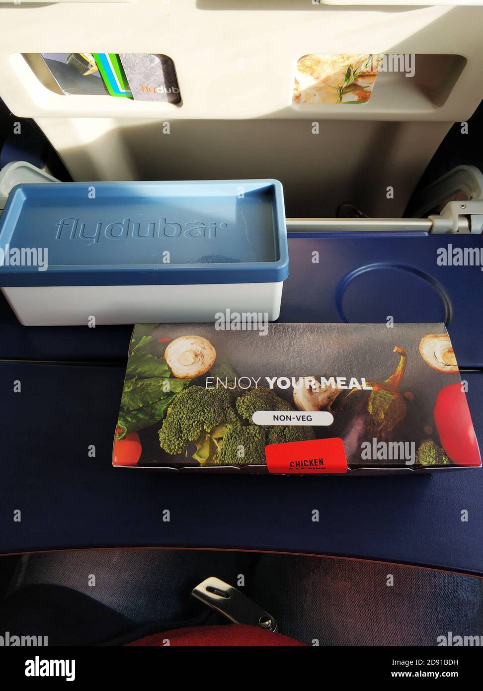 A set of lunch dishes for a flydubai passenger. Food on the plane Stock ...