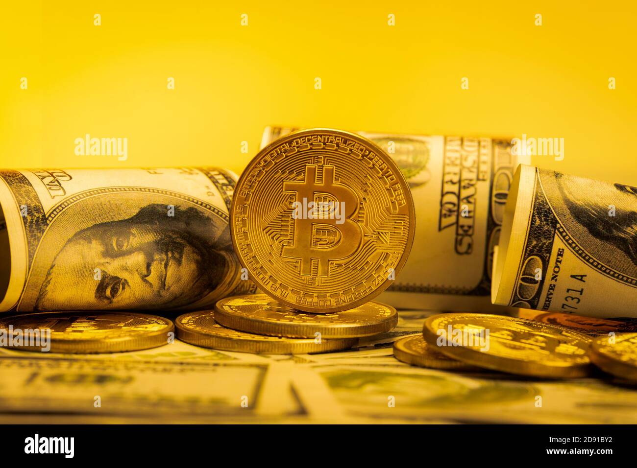 Electronic digital money on paper money on a golden background Stock ...