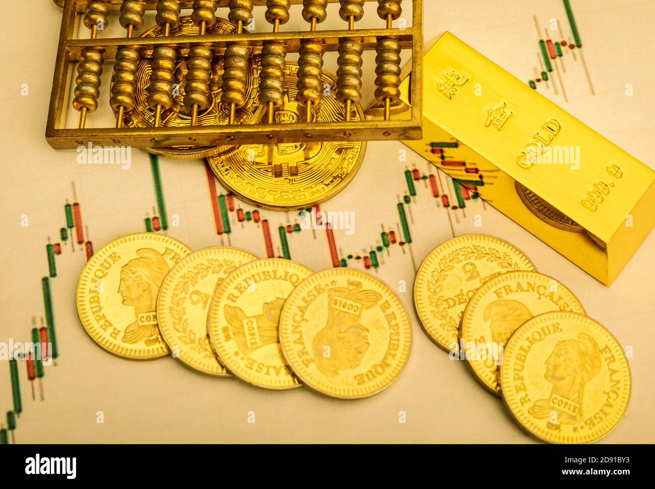 Coins, gold and a calculator on a diagram - accounting concept Stock ...