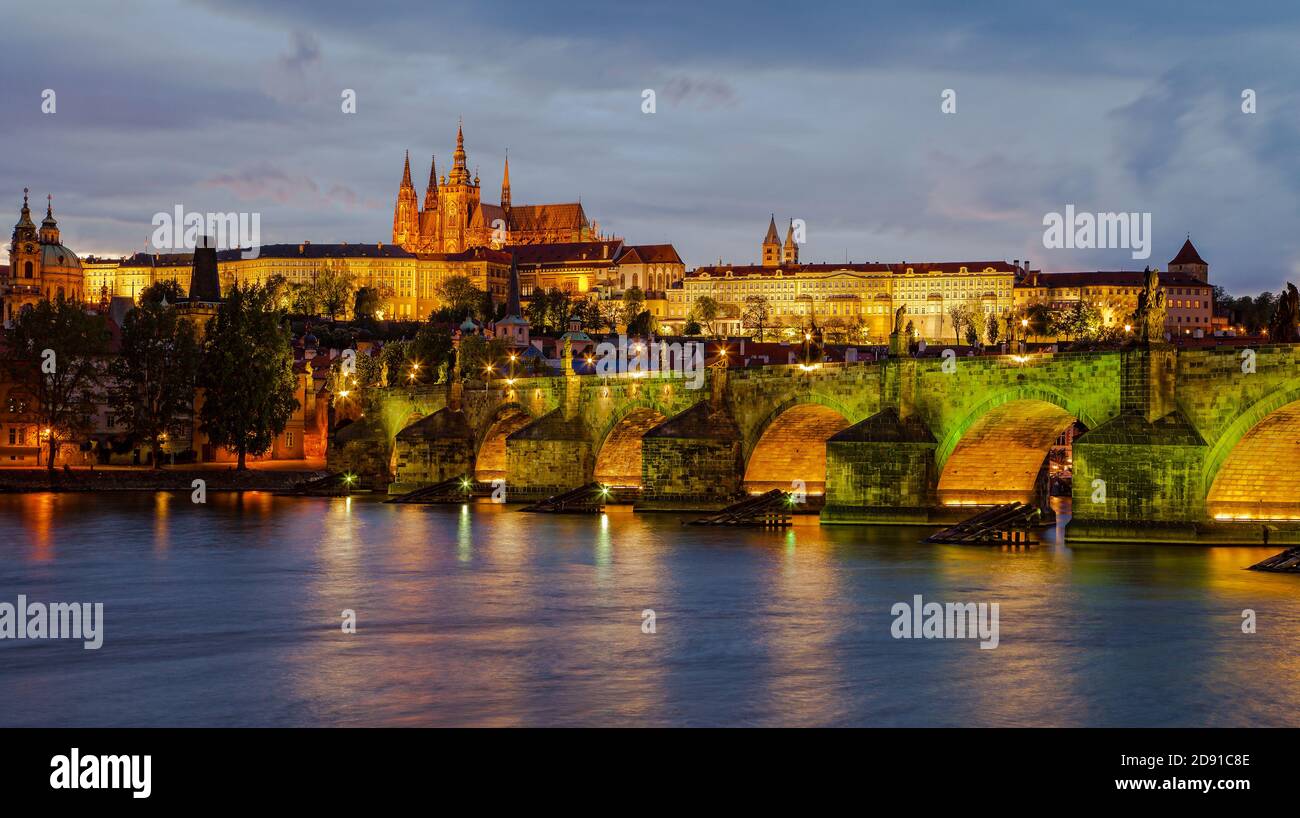 Prague Castle and Charles Bridge at blue hour Stock Photo - Alamy