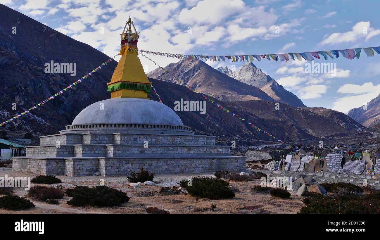 Buddhist stupa (religious monument) in a valley near Thame, Khumbu ...