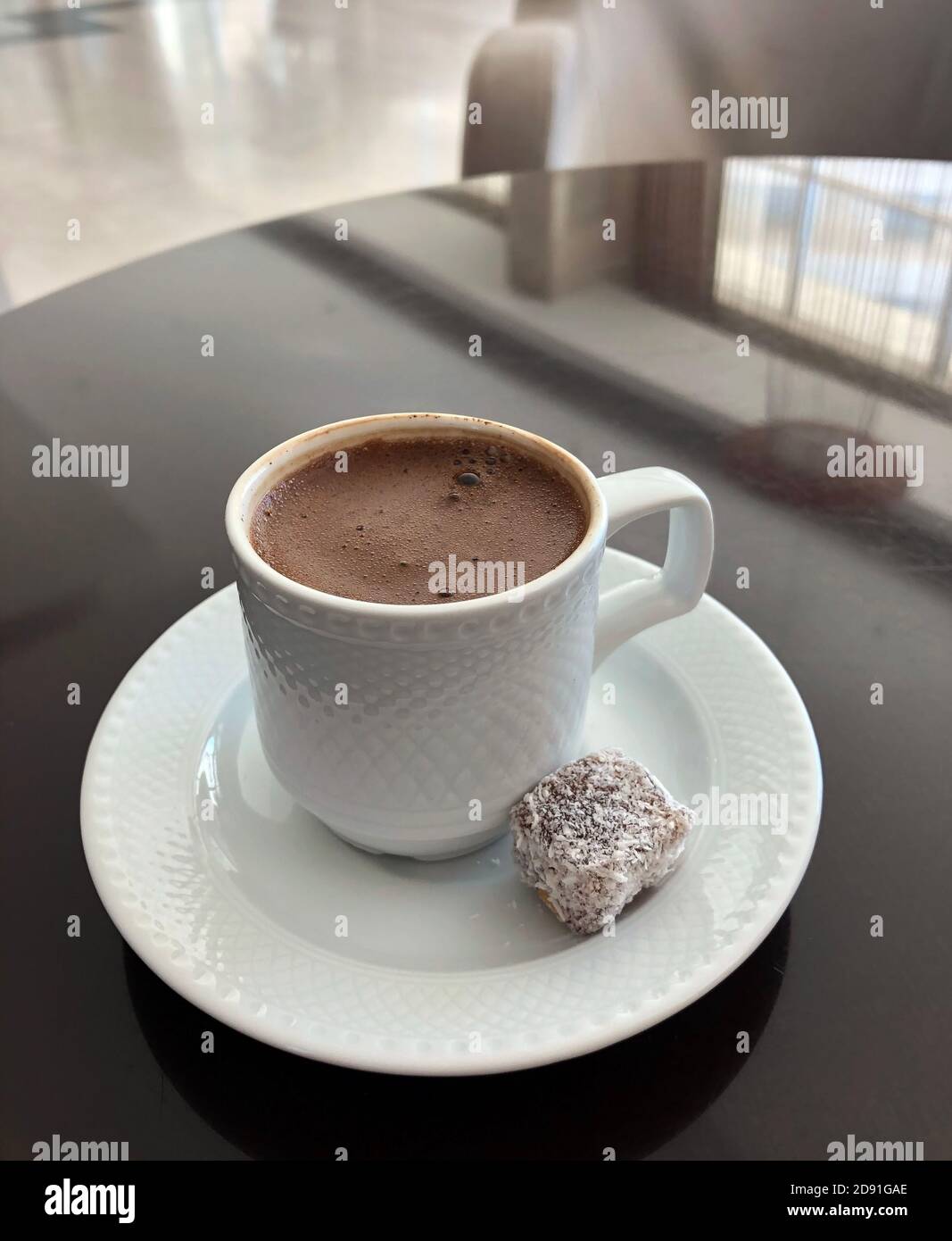 Turkish coffee in a small white cup with Turkish delight Stock Photo ...