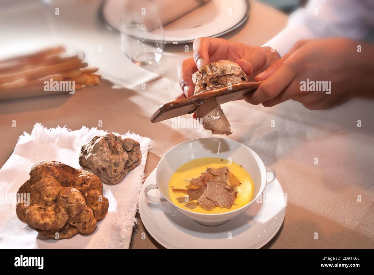 White Alba truffle sliced by the waiter's hands on fontina fondue in an ...