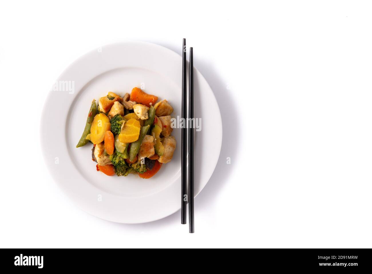 Stir fry chicken with vegetables isolated on white background Stock ...