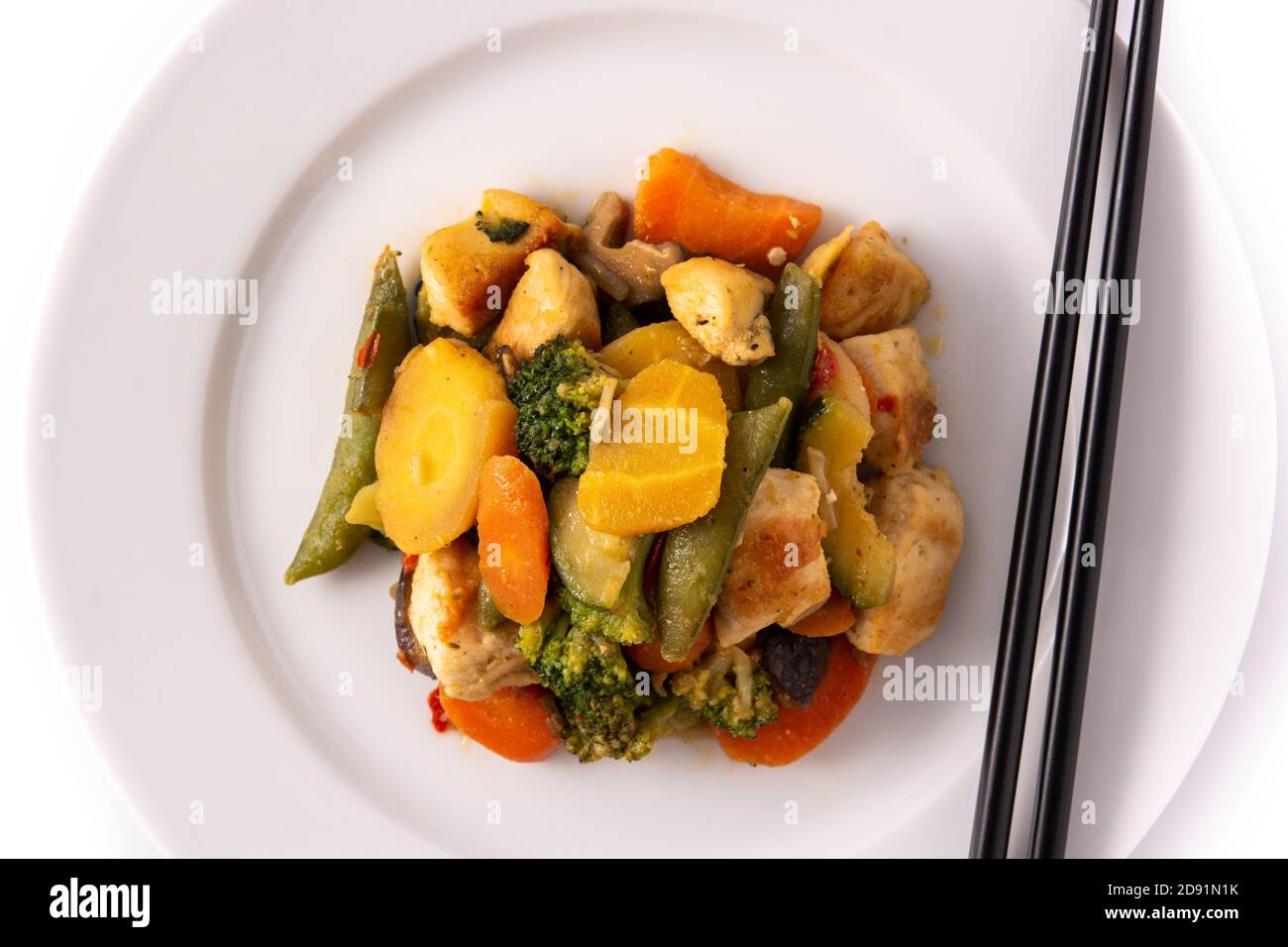 Stir fry chicken with vegetables isolated on white background Stock ...