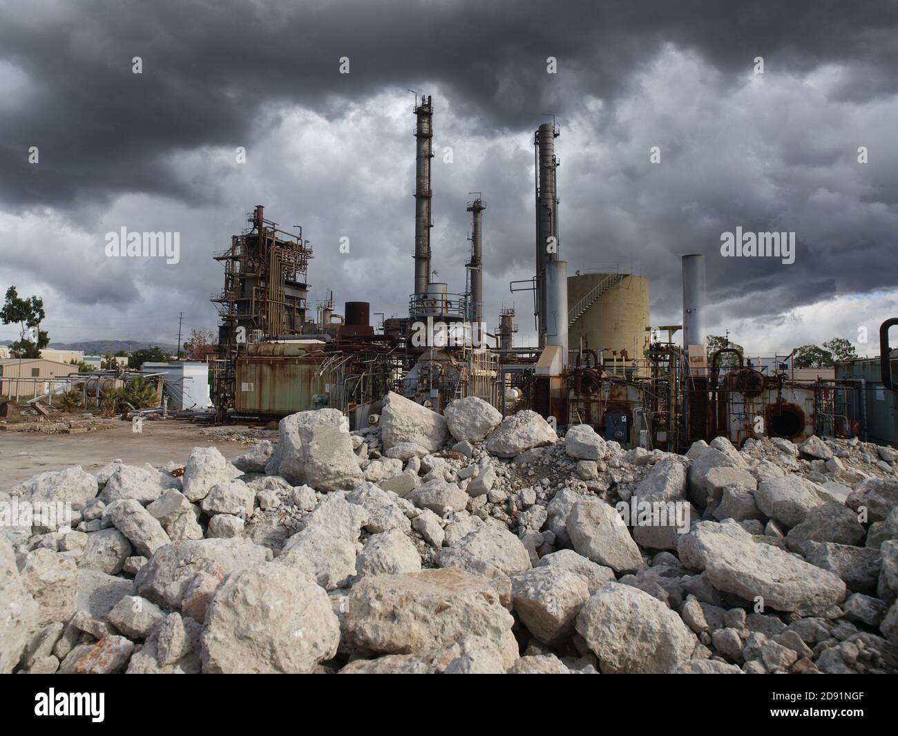 Rubble and rust at closed oil and petrochemical industrial refinery ...
