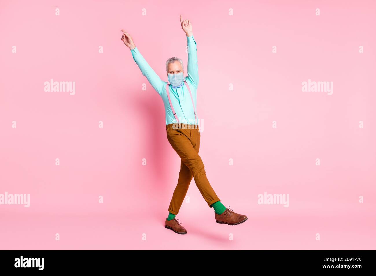 Full length body size photo of happy old man dancing pointing fingers ...