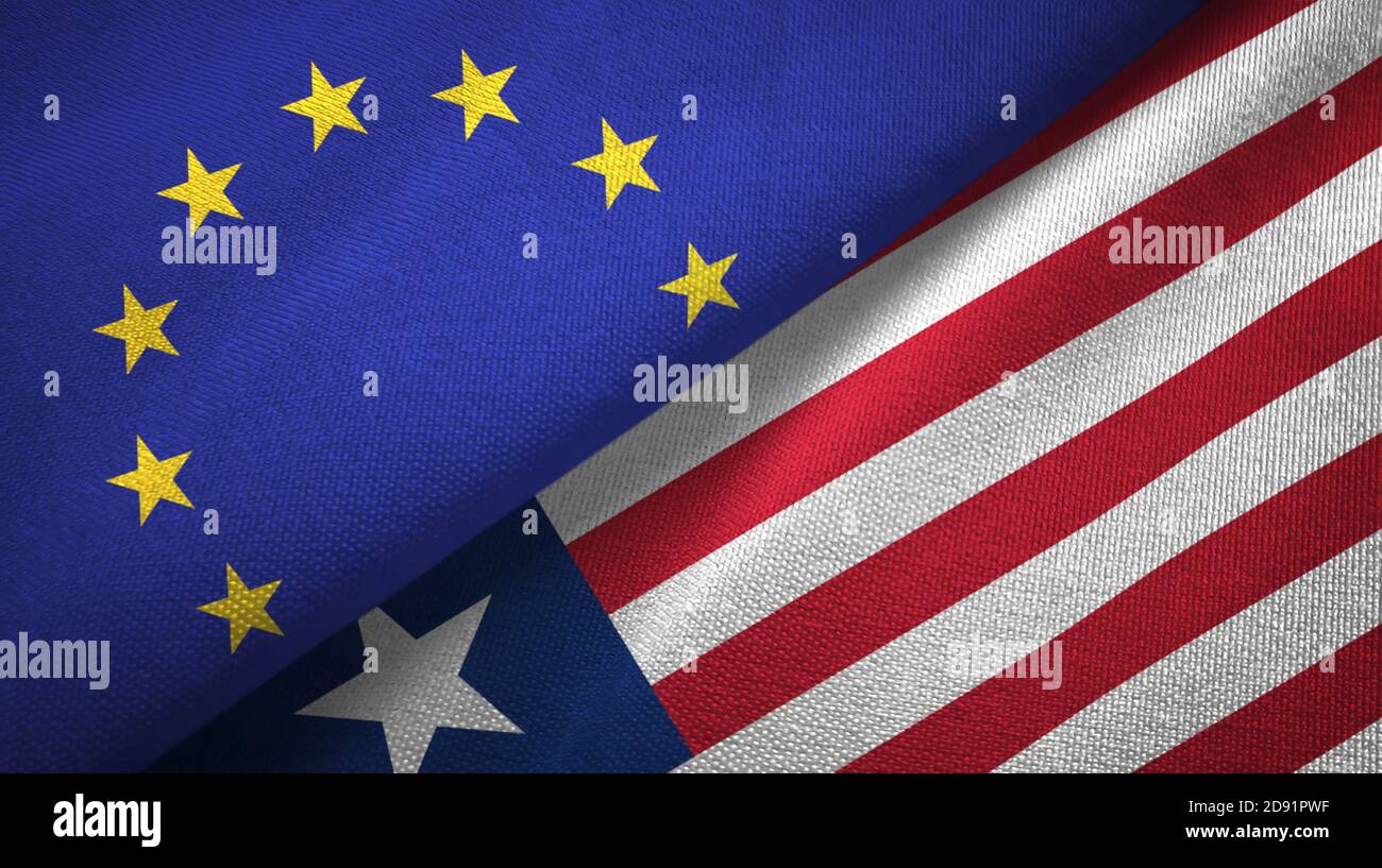 European Union and Liberia two flags textile cloth, fabric texture ...