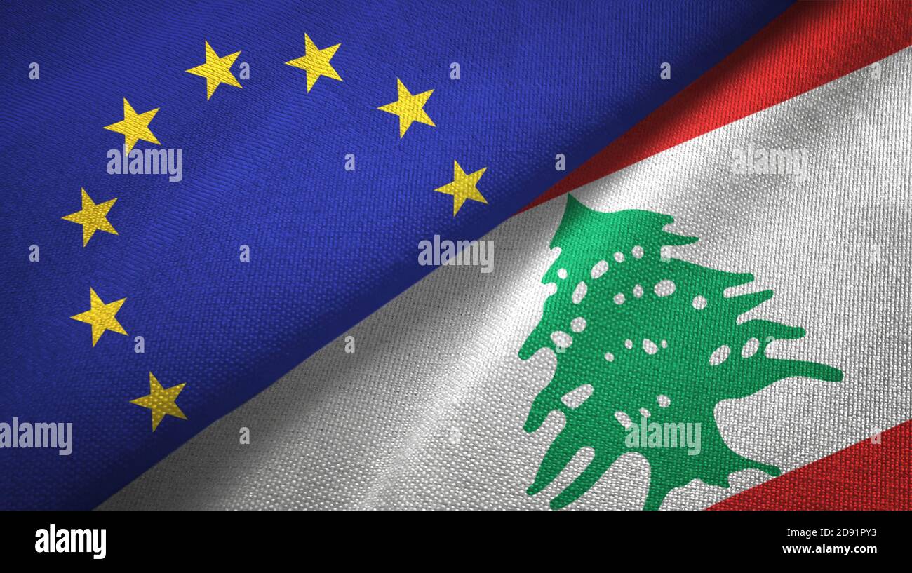 European Union and Lebanon two flags textile cloth, fabric texture ...