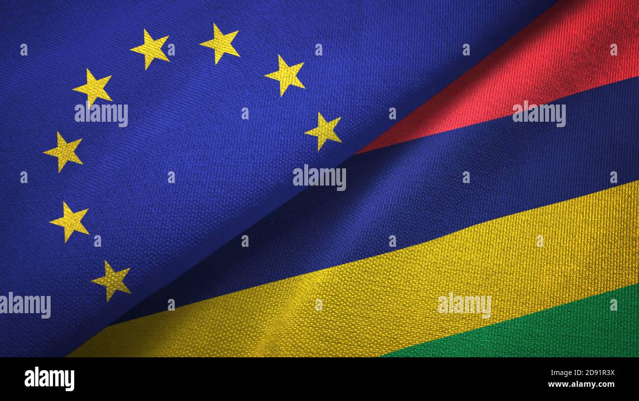 European Union and Mauritius two flags textile cloth, fabric texture ...