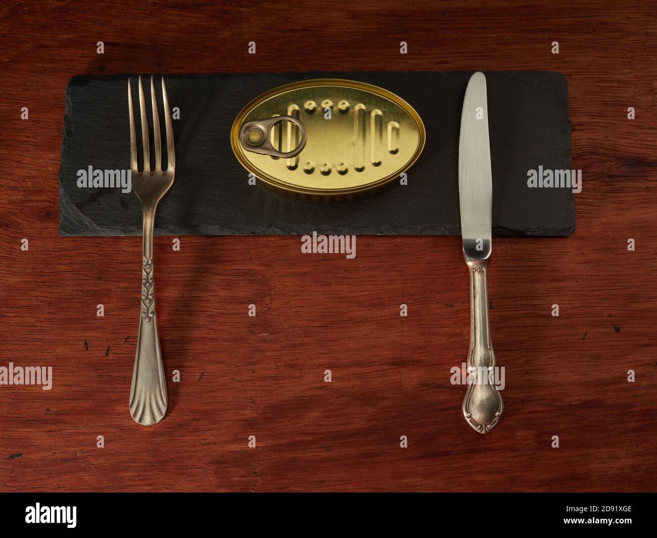 Different types of cans with prepared foods for consumption, vegetables ...