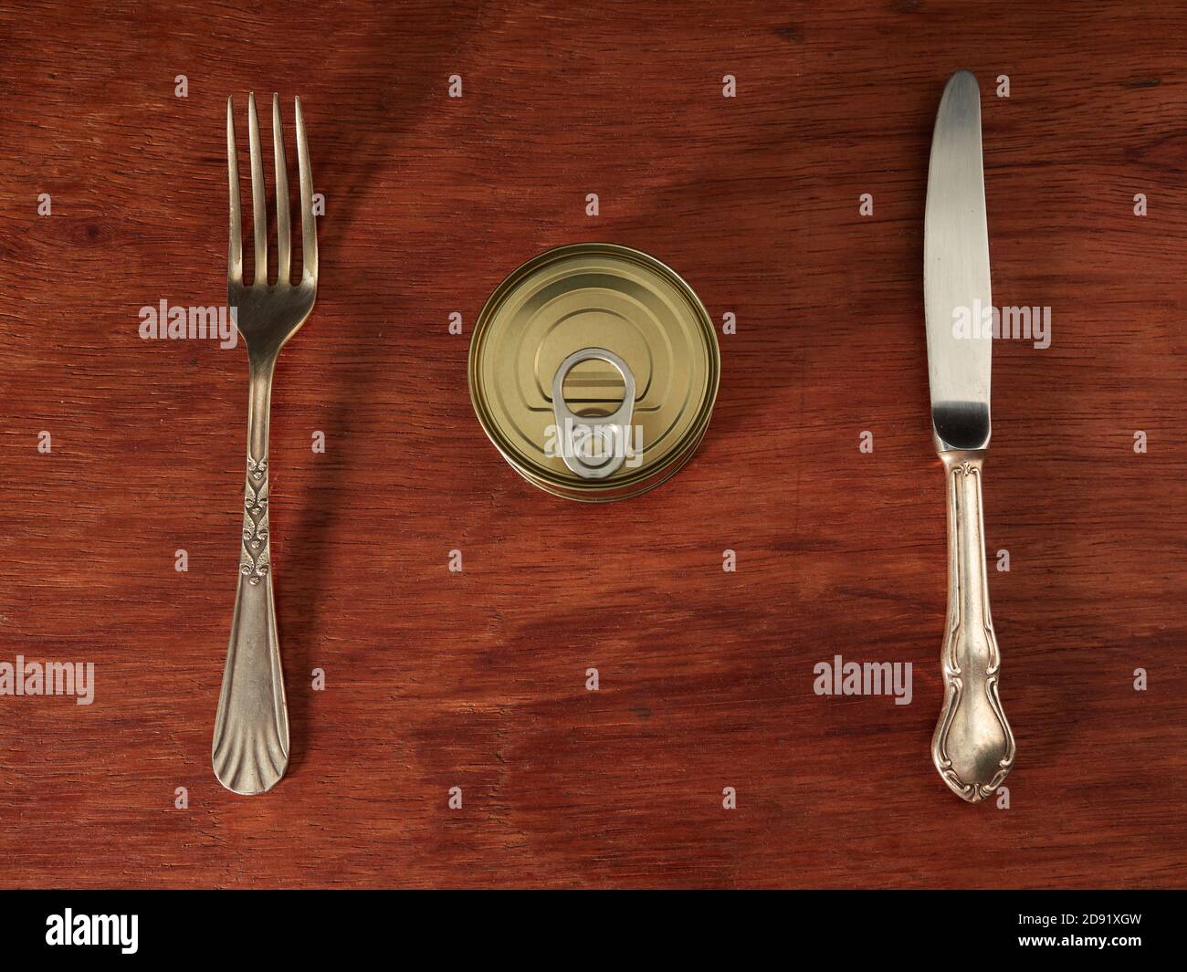 Different types of cans with prepared foods for consumption, vegetables ...