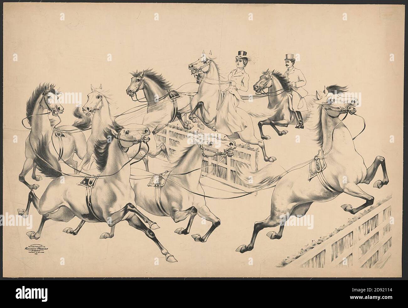 Jumping strings of horses, only two riders Stock Photo - Alamy