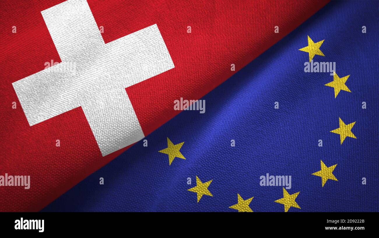 Switzerland and European Union two flags textile cloth, fabric texture ...