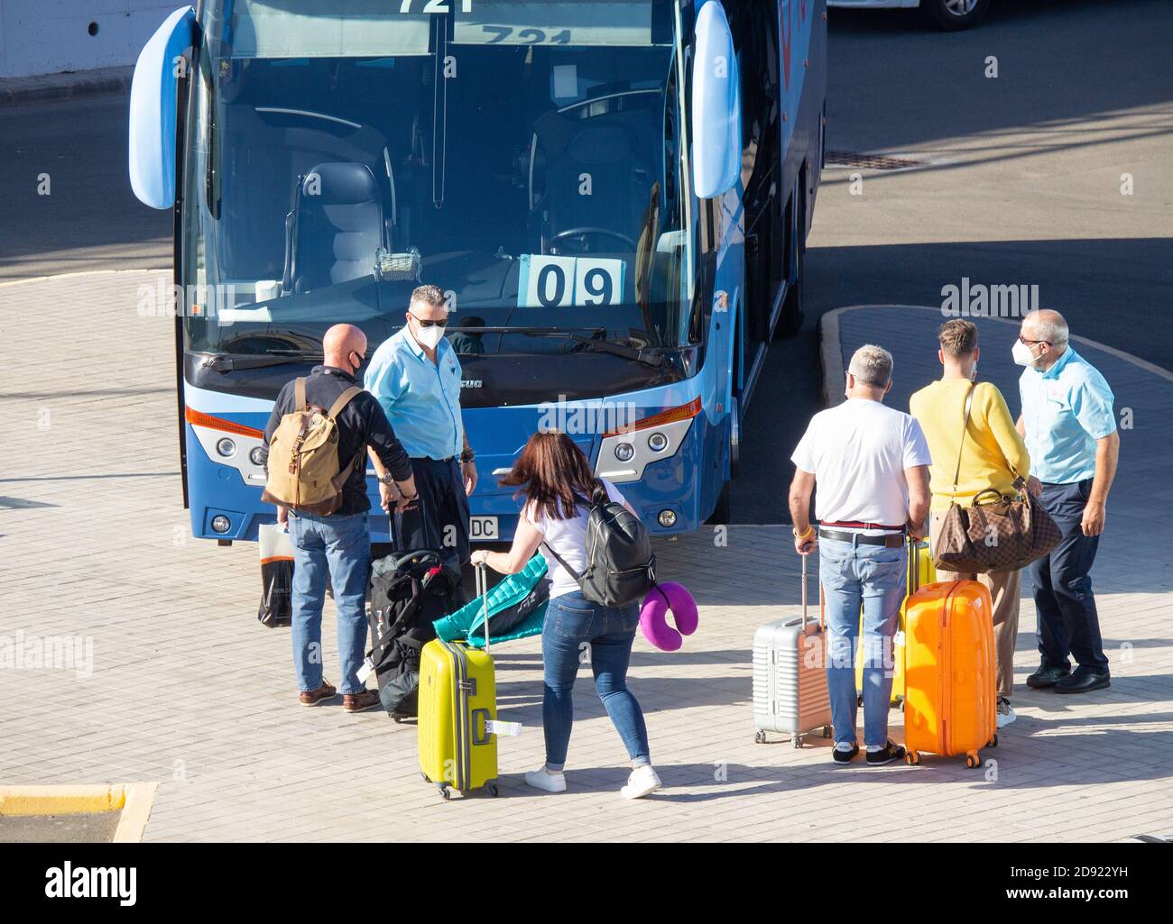 TUI clients, tourists boarding coaches at Gran Canaria airport. Canary ...