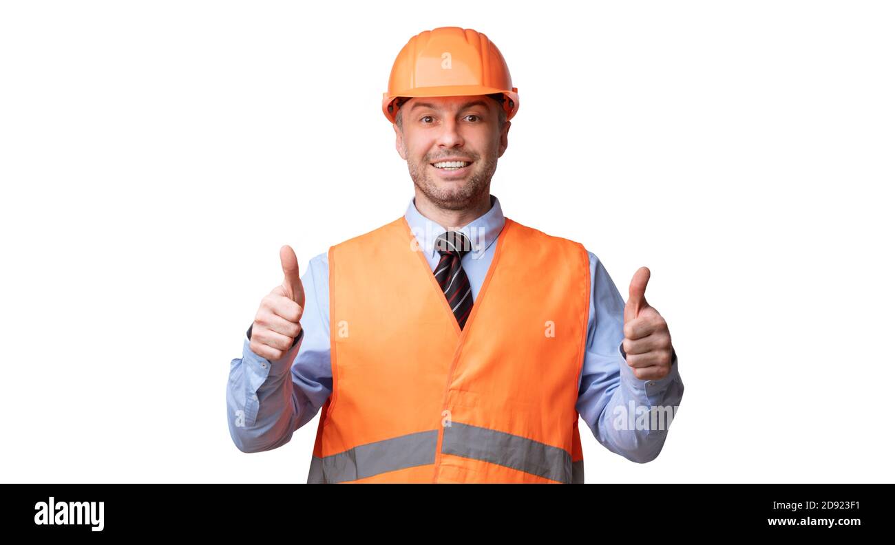 Cheerful Construction Worker Gesturing Thumbs-Up Posing On White ...